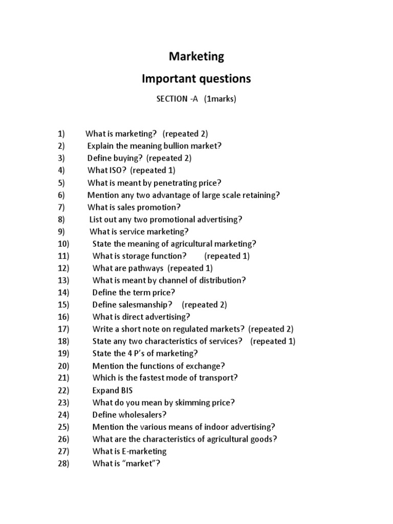 Marketing Important Questions | PDF | Marketing | Market Segmentation