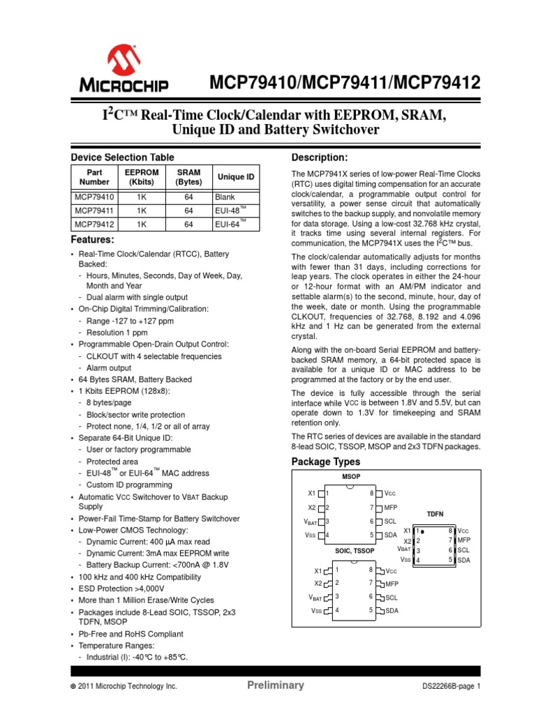 MCP79410/MCP79411/MCP79412: I C™ Real-Time Clock/Calendar With EEPROM ...