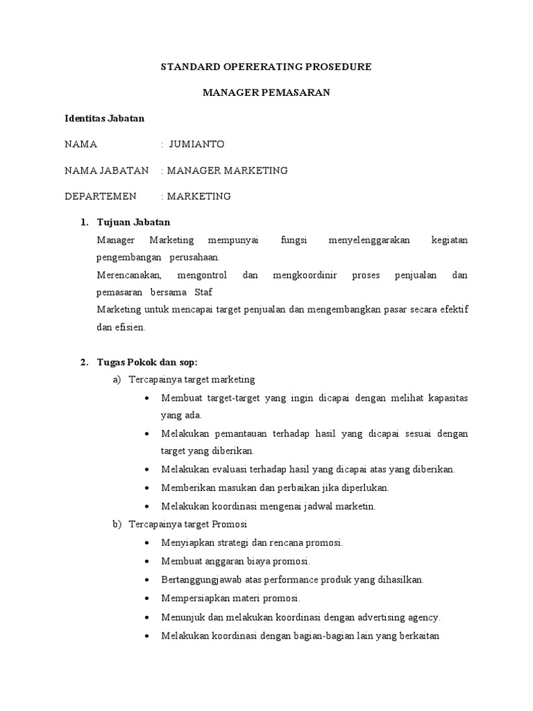 SOP - Jumianto Manager Pemasaran | PDF