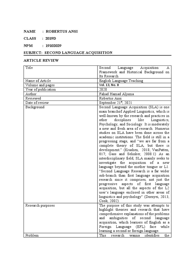 SLA Research Review by Robertus Ansi | PDF | Second Language ...