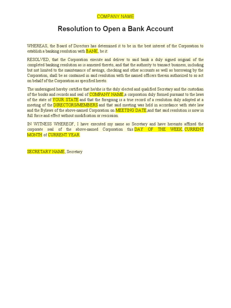 Corporate Bank Account Resolution Document | PDF