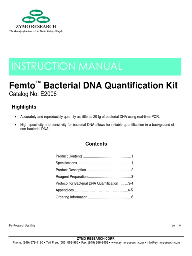 Instruction Manual: Femto Bacterial DNA Quantification Kit | PDF | Real ...
