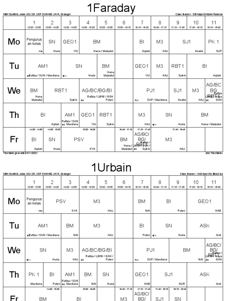 Form 1 Timetable (Nov) | PDF