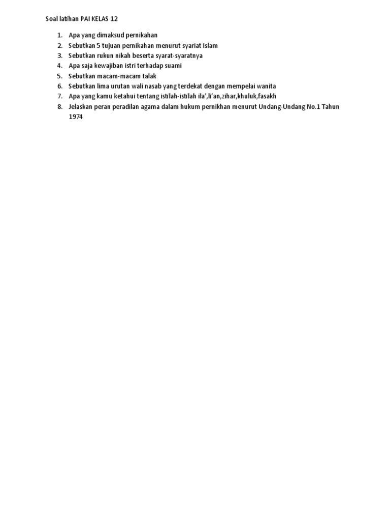 Soal Latihan Pai Kelas 12 Bab Nikah | PDF