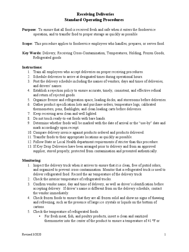 Receiving Deliveries Standard Operating Procedures: Revised 3/2020 1 ...