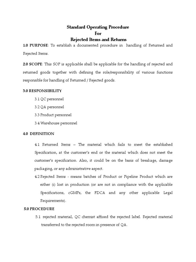 Standard Operating Procedure For Rejected Items and Returns | PDF ...