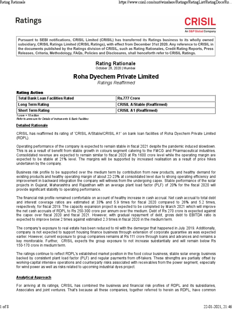 Roha Dyechem Private Limited: Rating Rationale | PDF | Damages | Debt