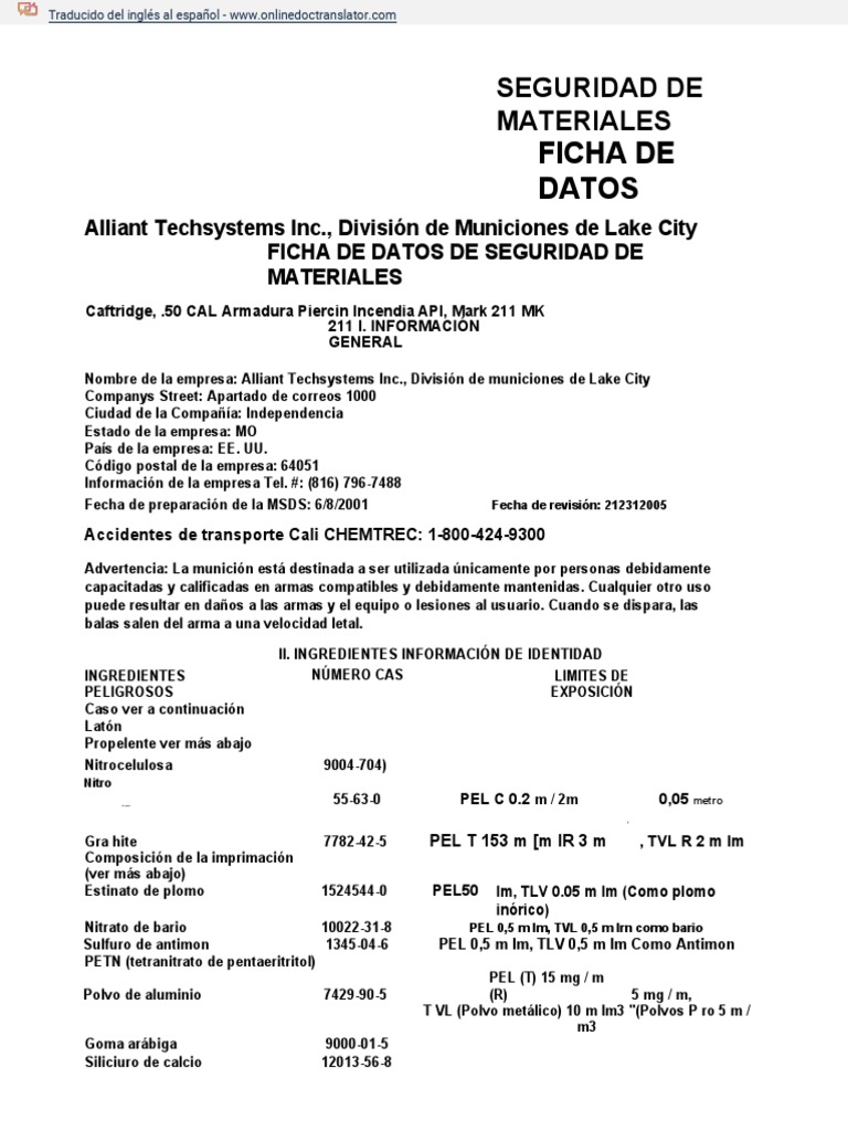 Cartridge, .50cal API, MK211, MSDS - En.es | PDF | Agua | Dirigir