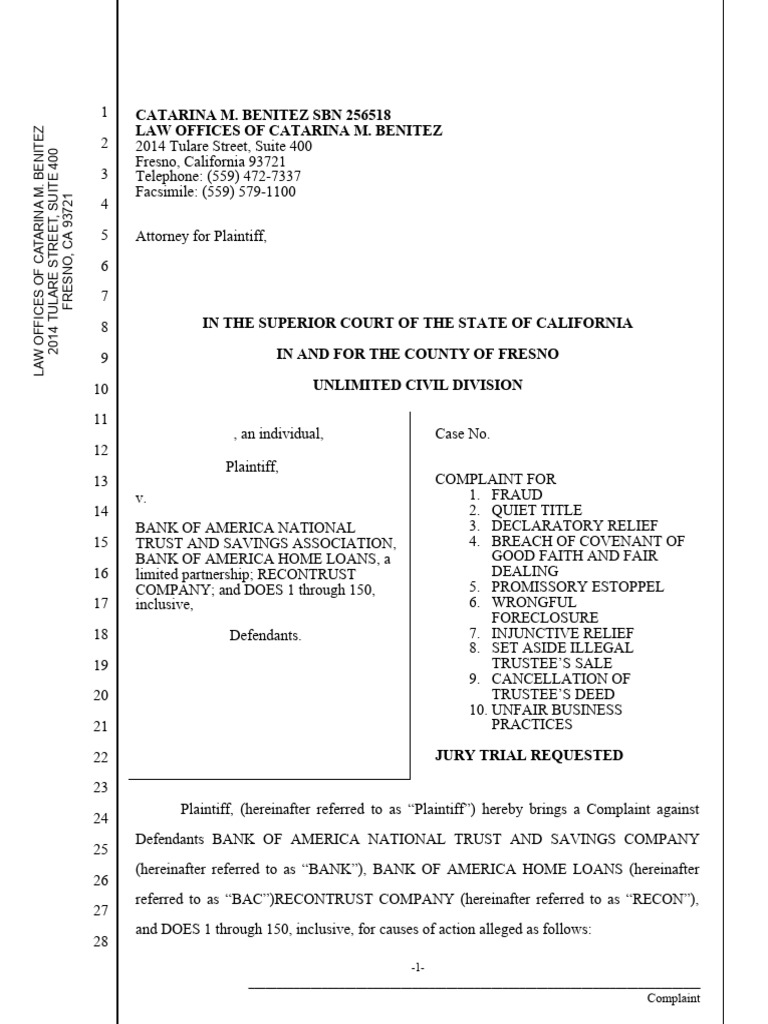 Complaint Sample | PDF | Foreclosure | Mortgage Law