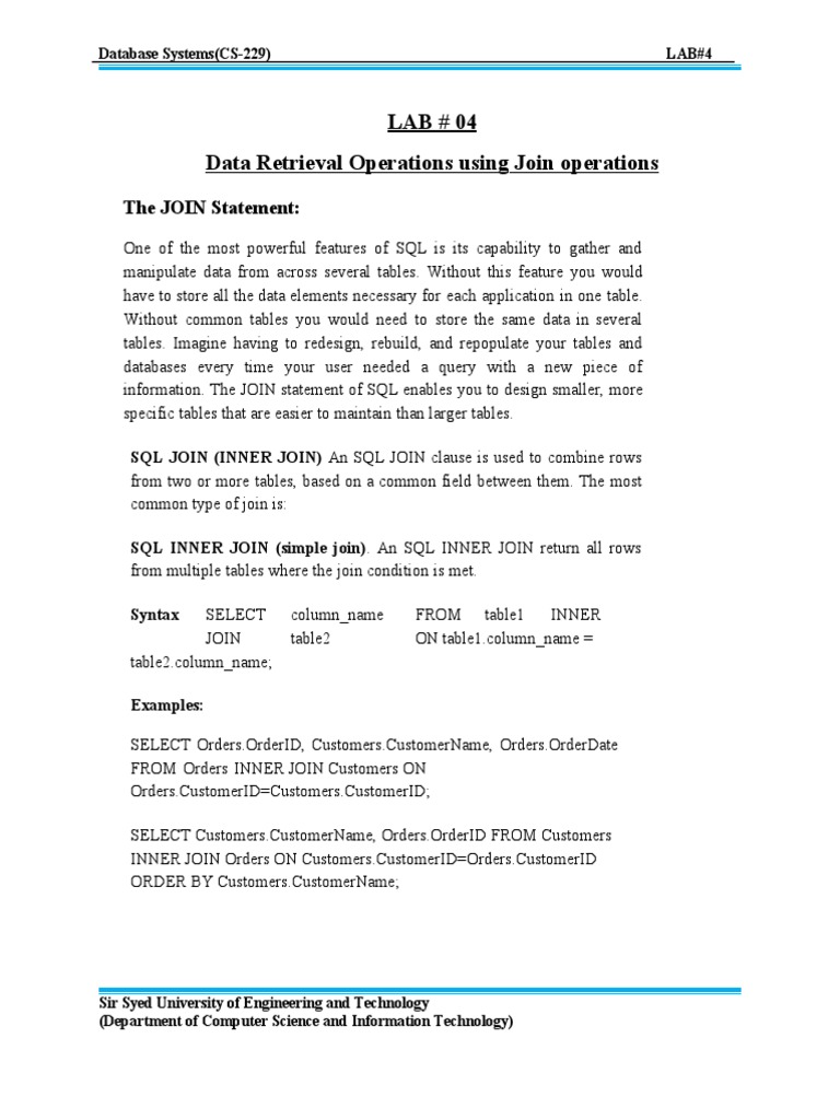LAB # 04 Data Retrieval Operations Using Join Operations | PDF | Information Technology | Data ...