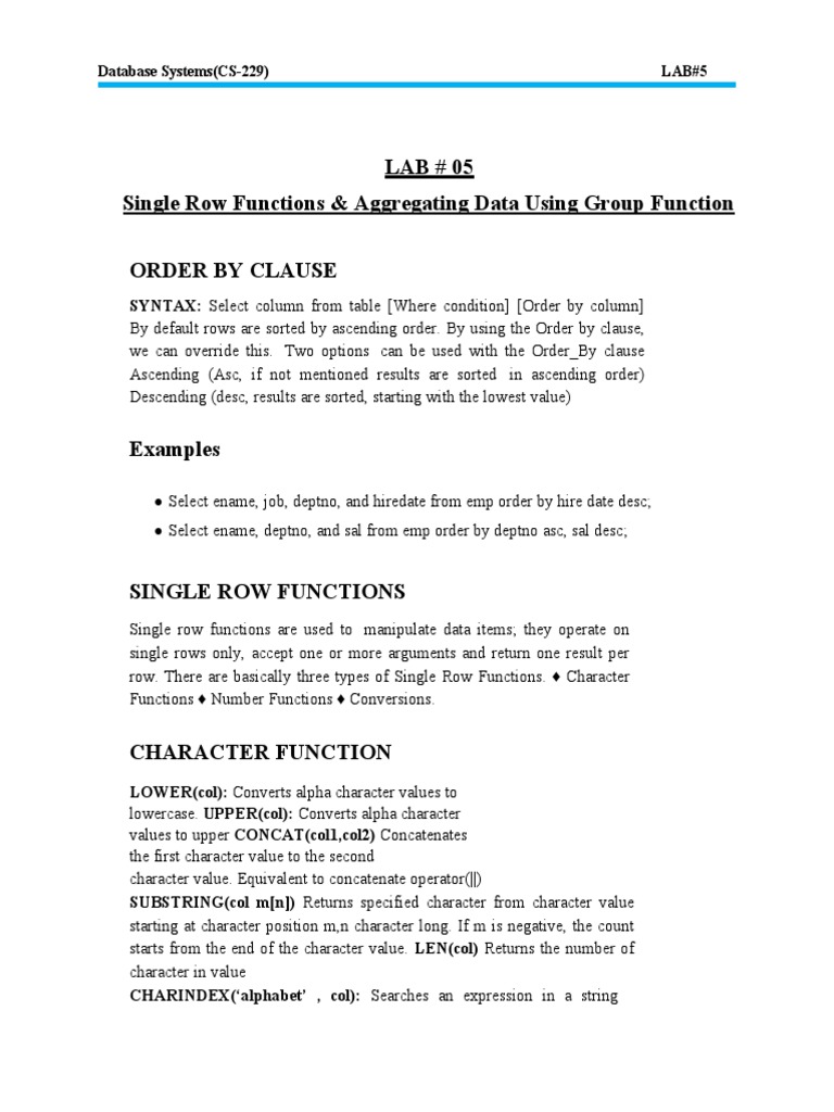 LAB # 05 Single Row Functions & Aggregating Data Using Group Function ... LAB # 05 Single Row Functions & Aggregating Data Using Group Function ...