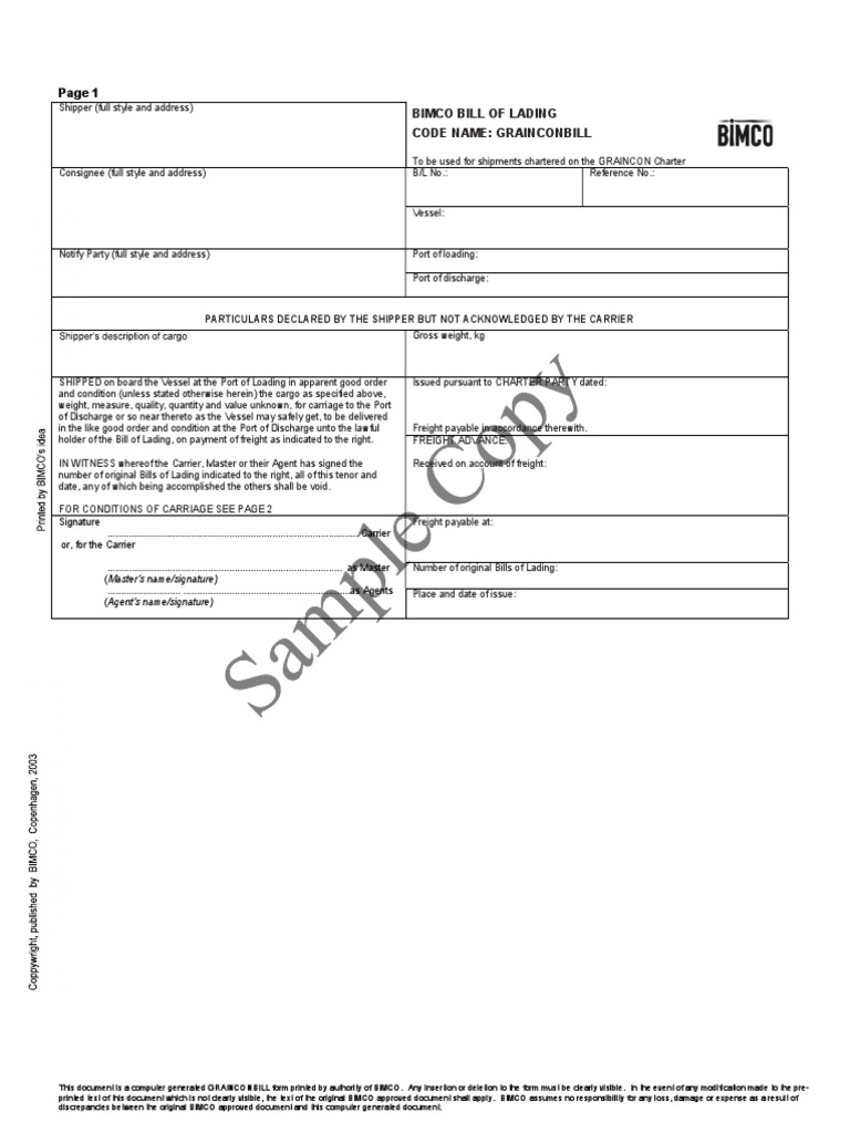 Bimco Bill of Lading Code Name: Grainconbill | PDF | Bill Of Lading | Cargo