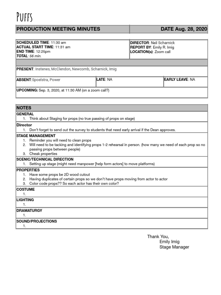 Puffs Production Meeting Notes | PDF