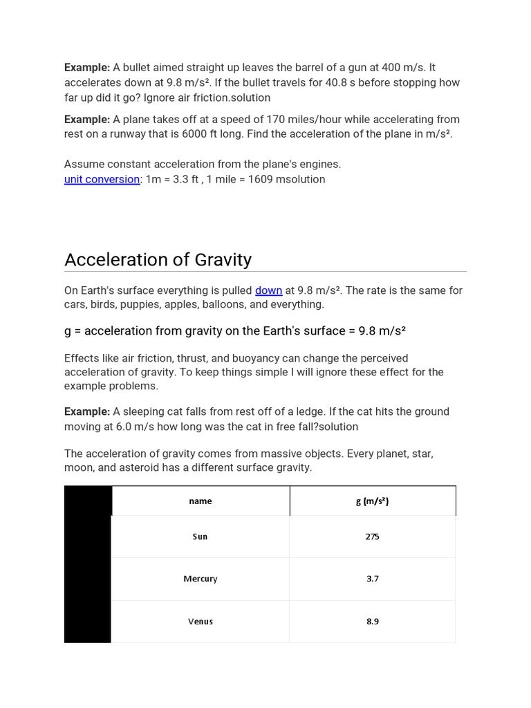 Acceleration of Gravity: Example: A Bullet Aimed Straight Up Leaves The ...