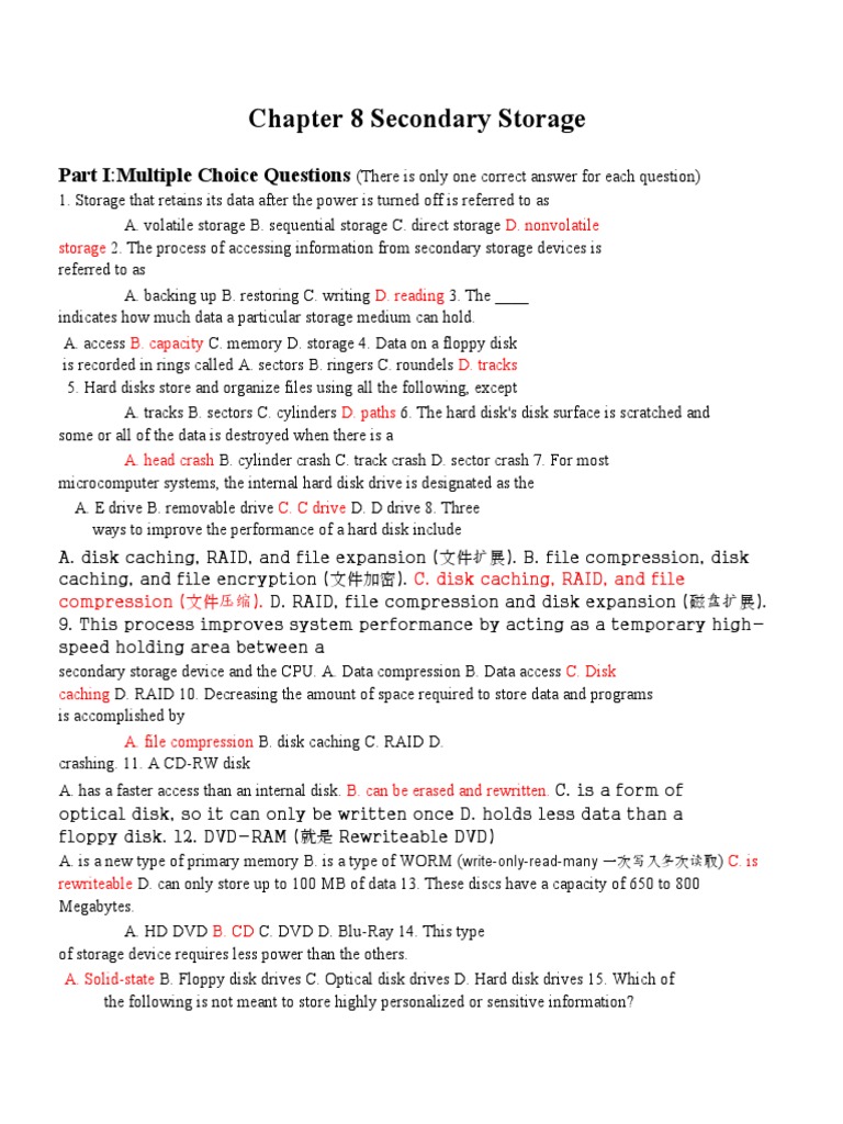 Chapter 8 Secondary Storage: Part I:Multiple Choice Questions | PDF ...