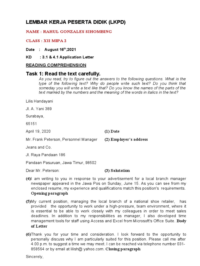Lembar Kerja Peserta Didik (LKPD) : Reading Comprehension | PDF ...