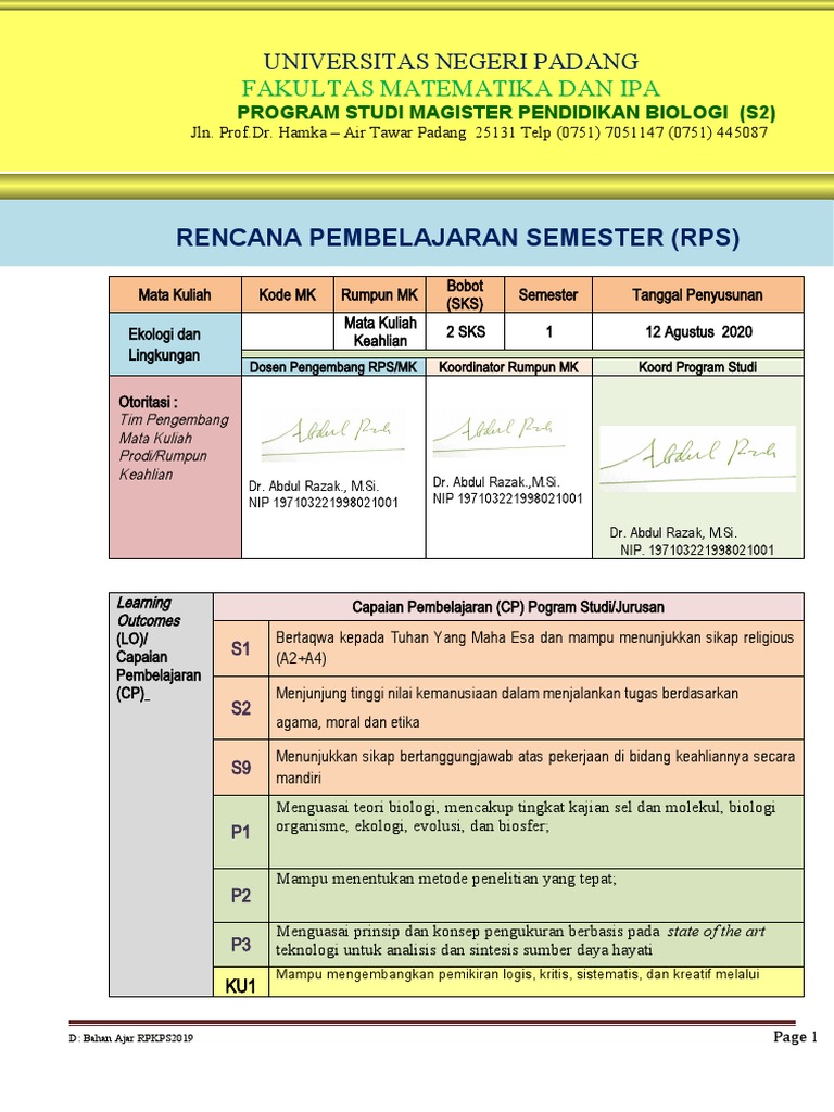 Rencana Pembelajaran Ekologi S2 UNP | PDF