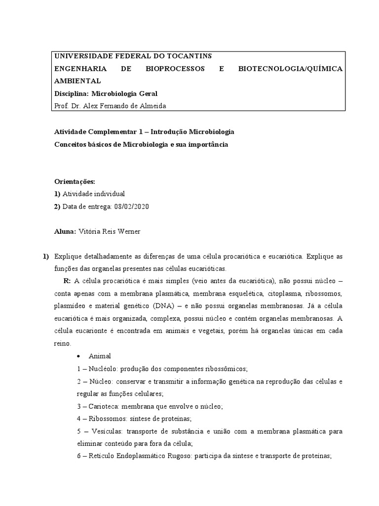 Atividade Complementar 1 Microbiologia | PDF | Célula (Biologia) | Procarionte