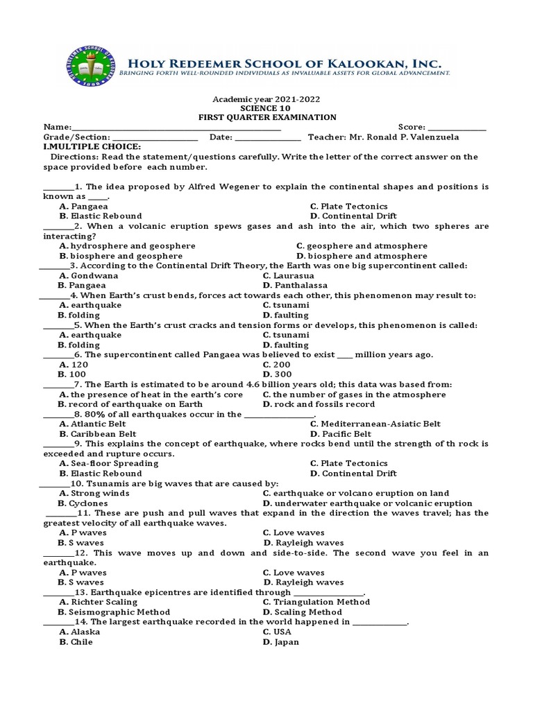 Grade 10 Science First Quarter Exam | PDF | Earthquakes | Plate Tectonics