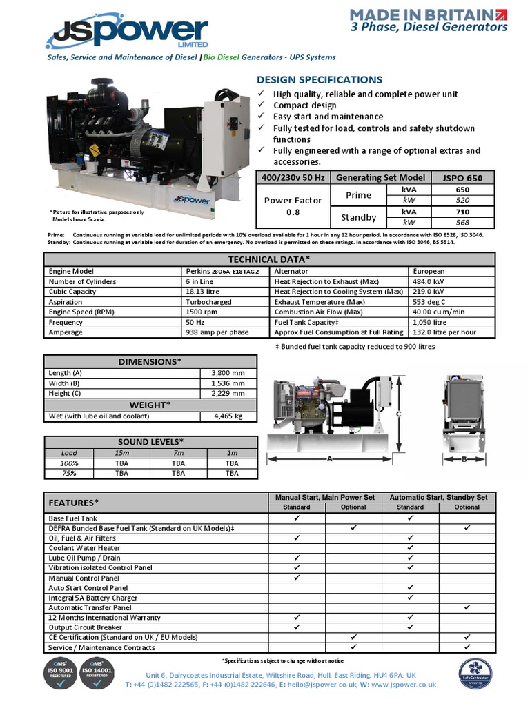 Design Specifications: 3 Phase, Diesel Generators | PDF | Diesel Engine ...
