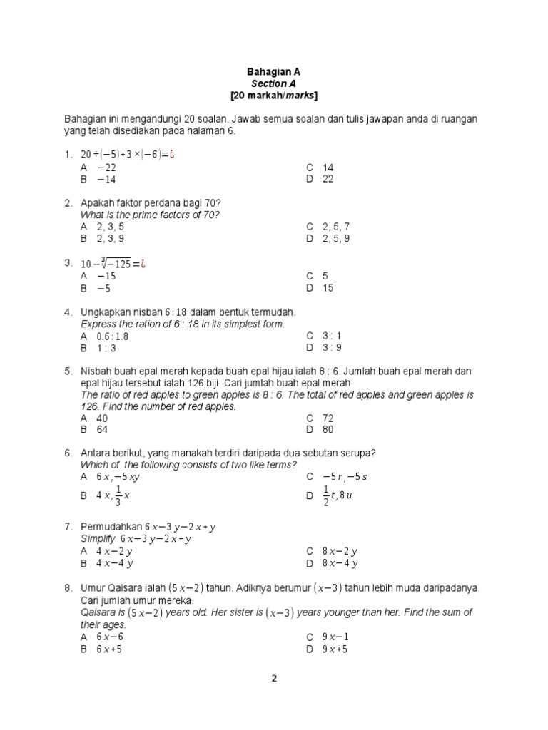 Bahagian A Math f1 Us3 2019 | PDF