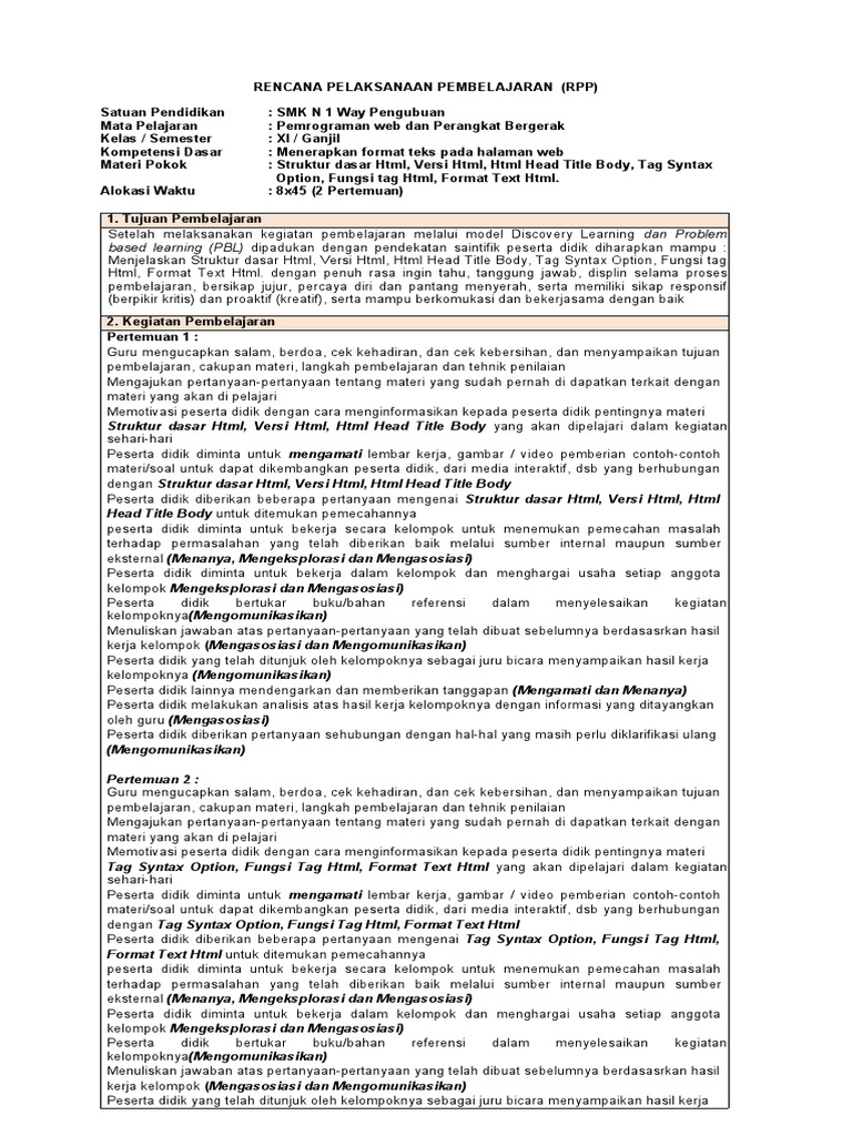 RPP 1 LEMBAR Pemrograman Web Dan Perangkat Bergerak 3.2 | PDF