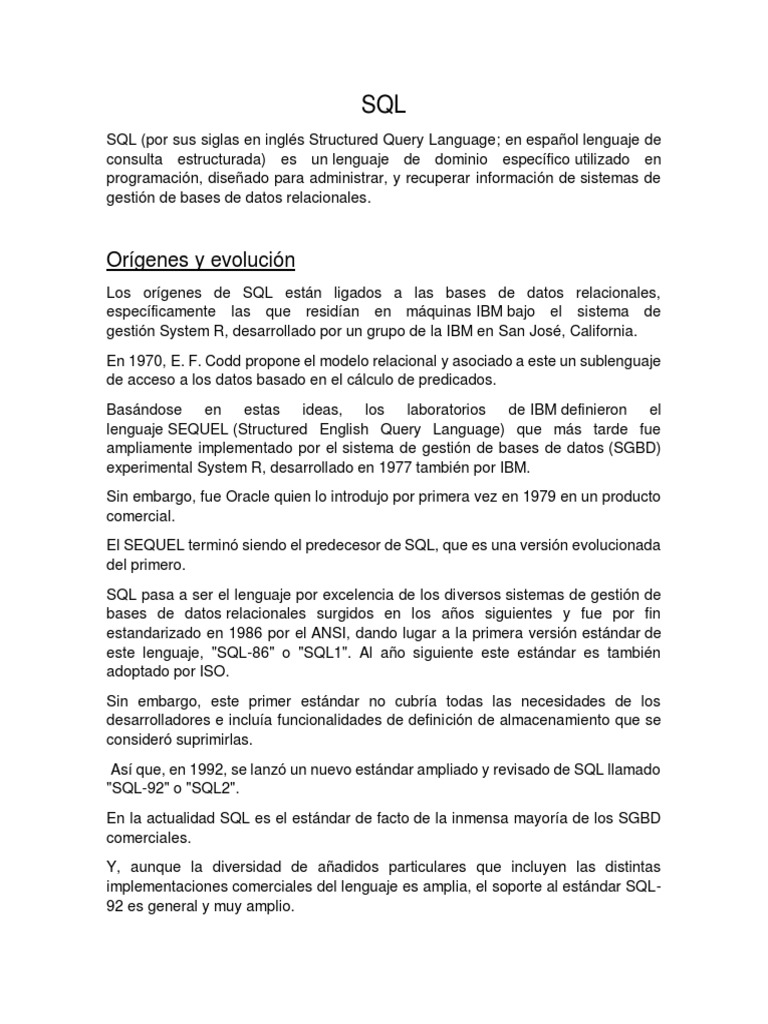 Definición, Caracteristicas y Clases de Sentencias SQL | PDF | SQL ...