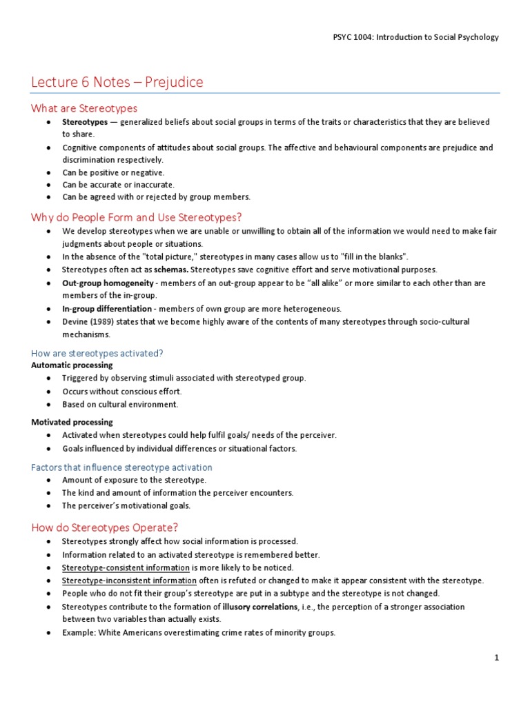 Lecture 6 Notes Prejudice | PDF | Stereotypes | Prejudices
