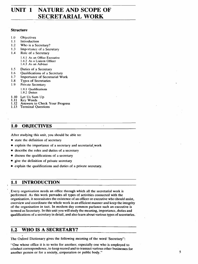 Unit Nature and Scope of Secretarial Work: 1.0 Objectives | PDF ...