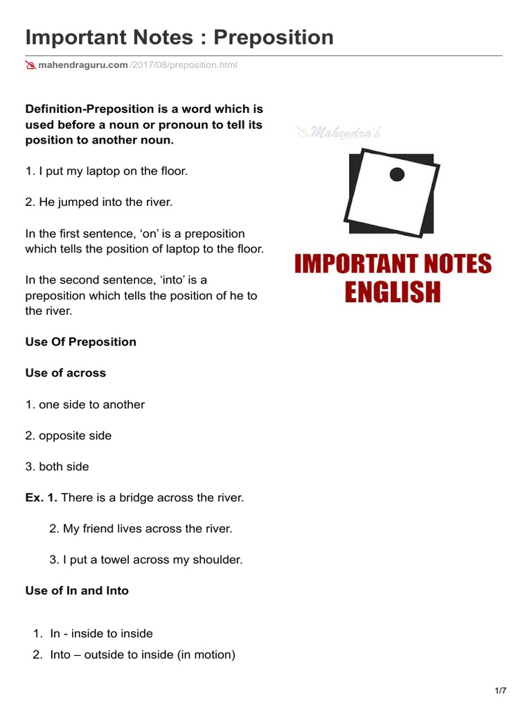 Important Notes Preposition | PDF | Object (Grammar) | Preposition And ...