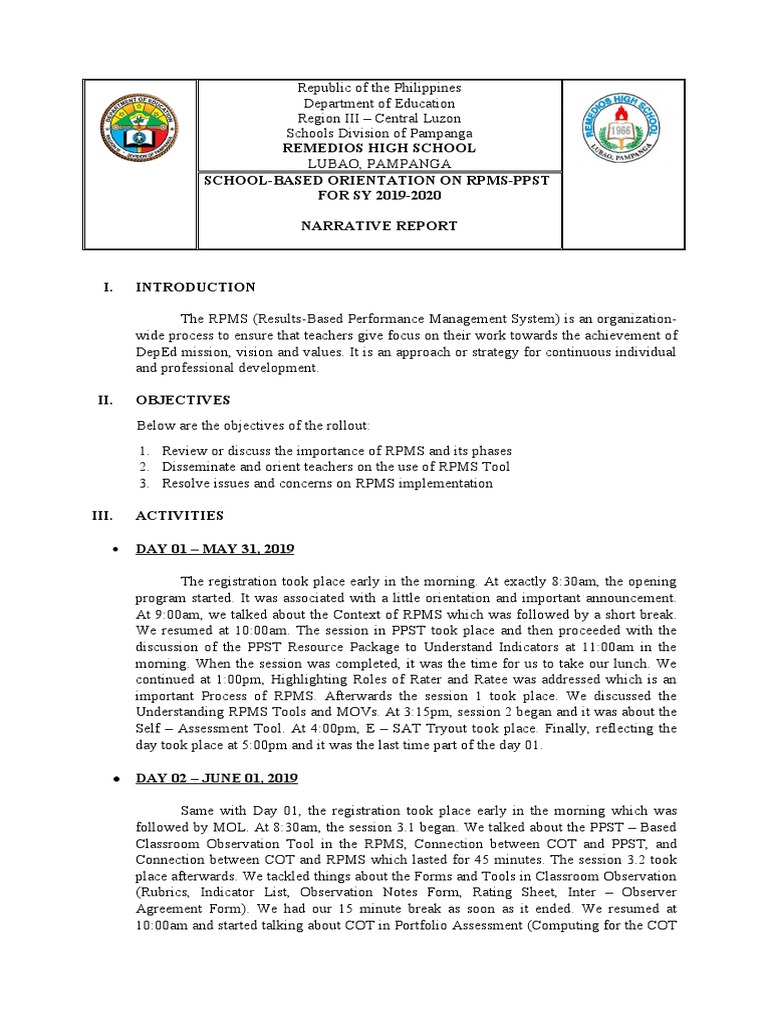 Narrative Report RPMS Rollout 2019 | PDF | Communication | Learning