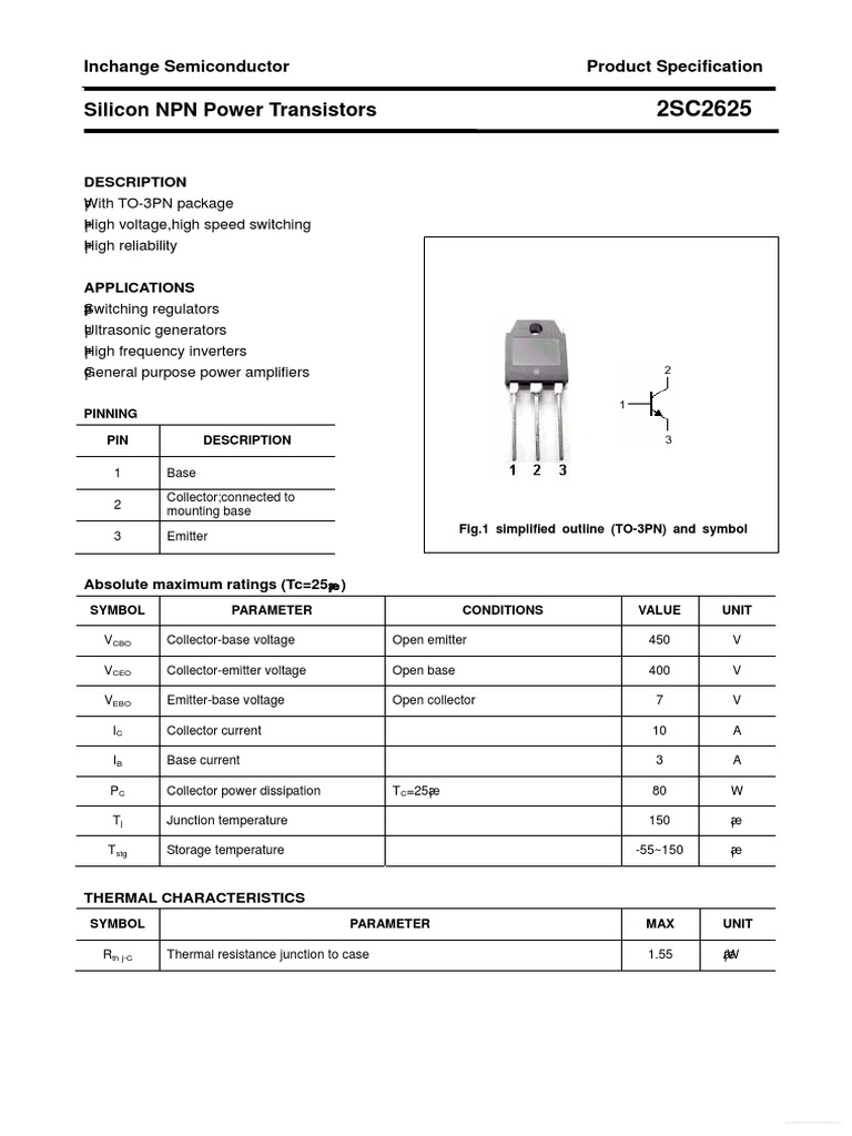 Power Transistor 2SC2625 | PDF | Bipolar Junction Transistor | Transistor