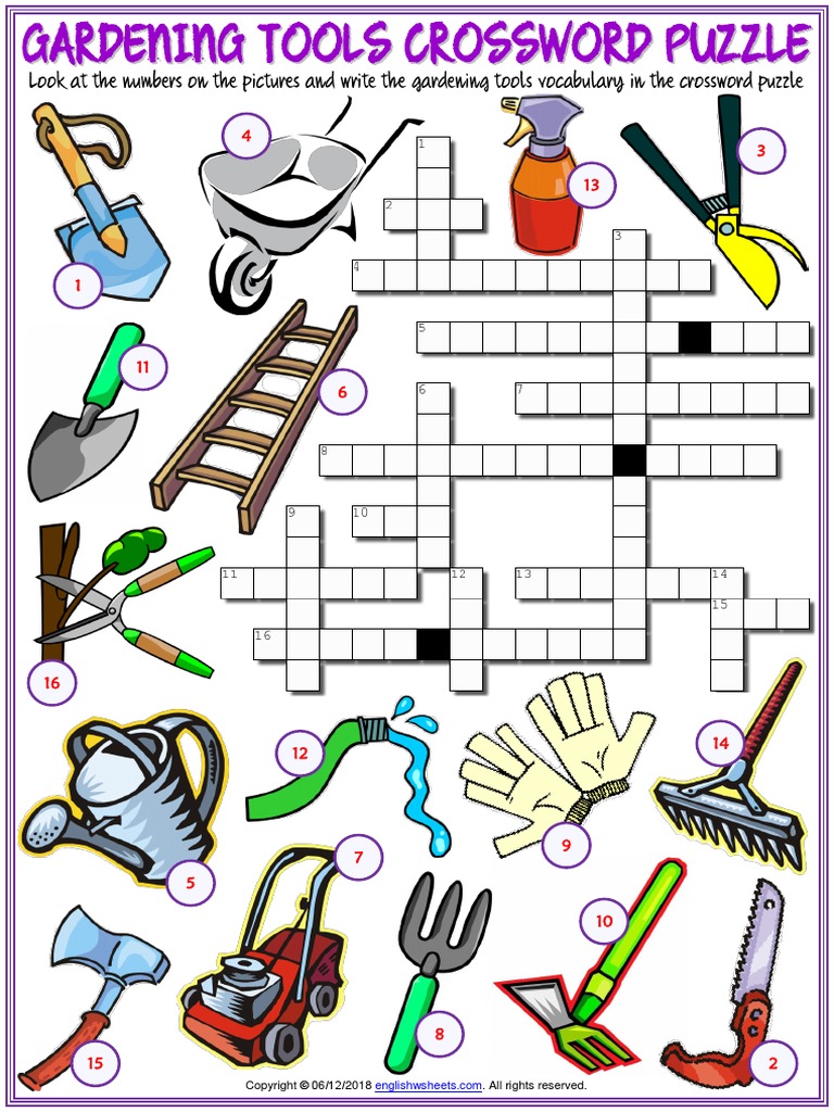 Gardening Tools Vocabulary Esl Crossword Puzzle Worksheet For Kids | PDF
