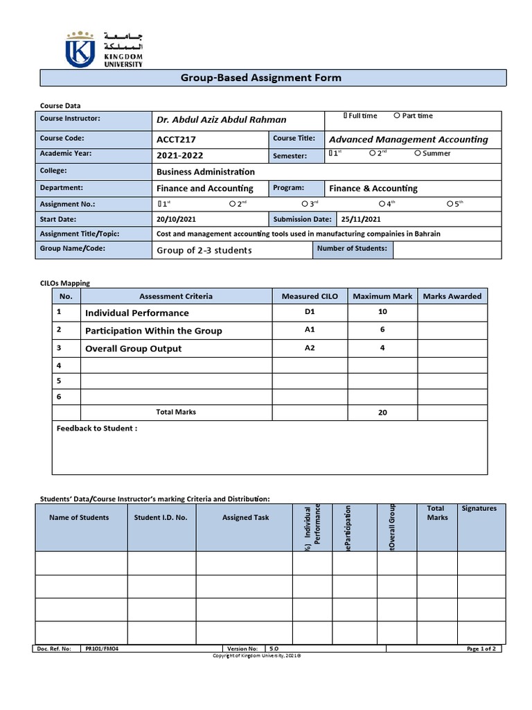 FM04 Group Based Assignment Form - PR101 | PDF | Management Accounting ...