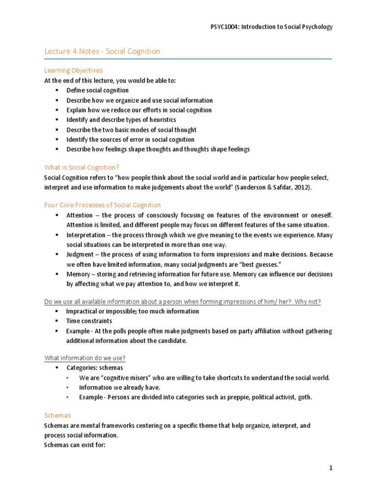 Lecture 4 Notes Social Cognition | PDF | Schema (Psychology) | Affect ...
