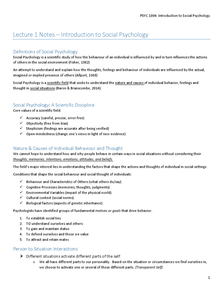 Lecture 1 Notes Intro To Social Psychology | PDF | Social Psychology ...