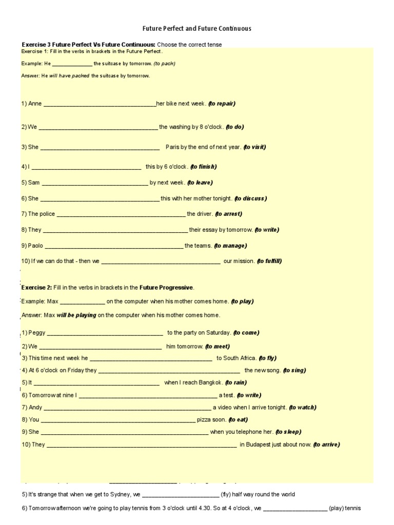 Future Perfect vs. Future Continuous Exercises | PDF | Perfect (Grammar)