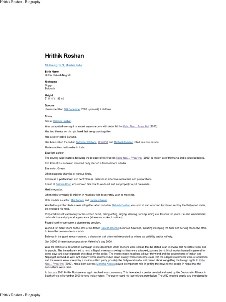 Hrithik Roshan - Biography | PDF | Bollywood | Leisure