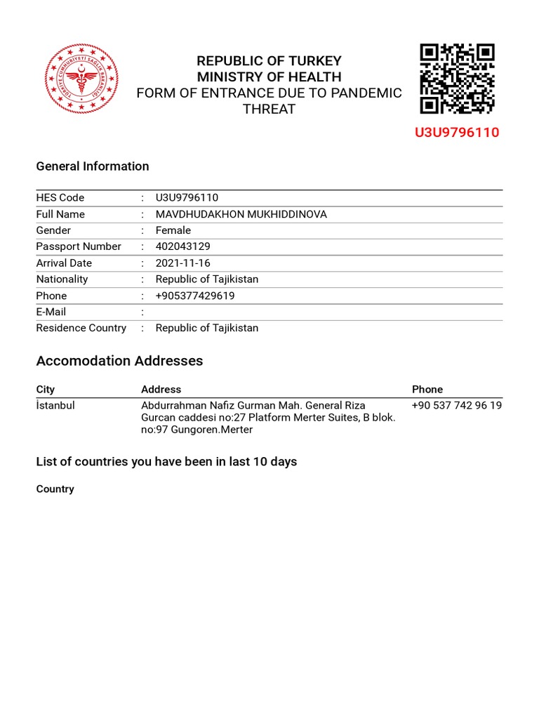 Turkey Pandemic Entry Form Details | PDF