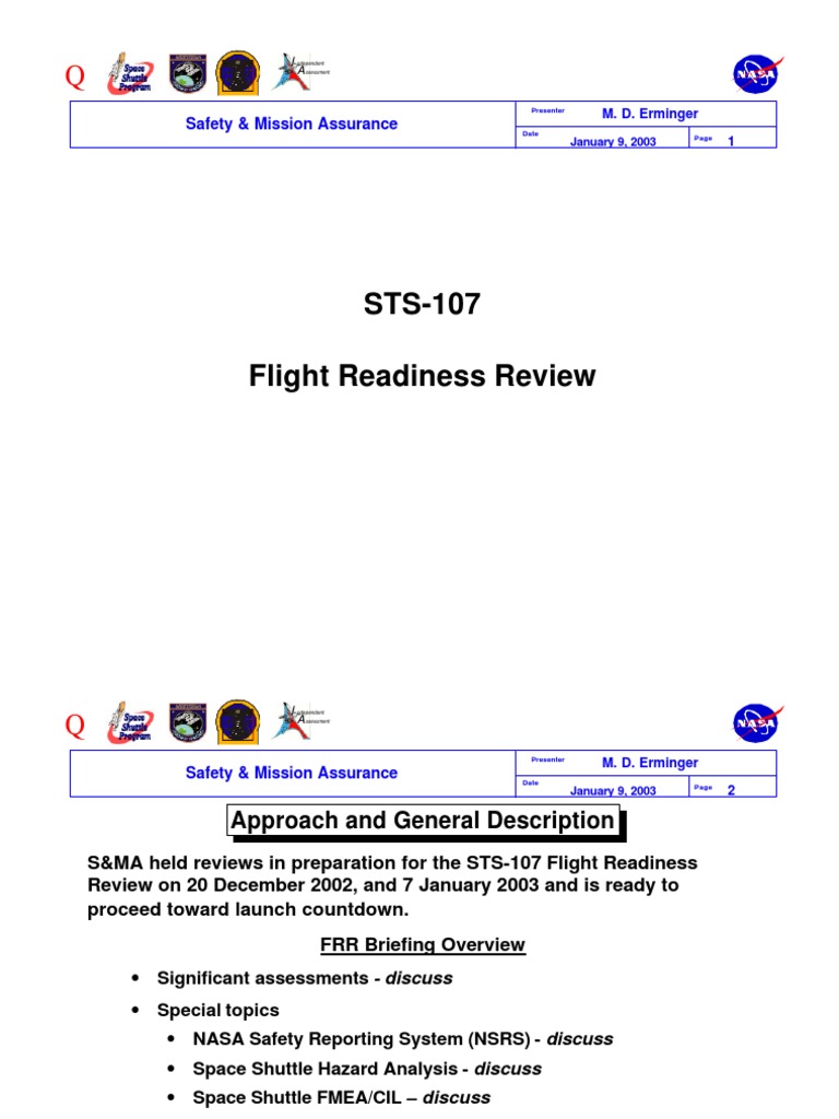 STS-107 Flight Readiness Review: Safety & Mission Assurance | PDF ...