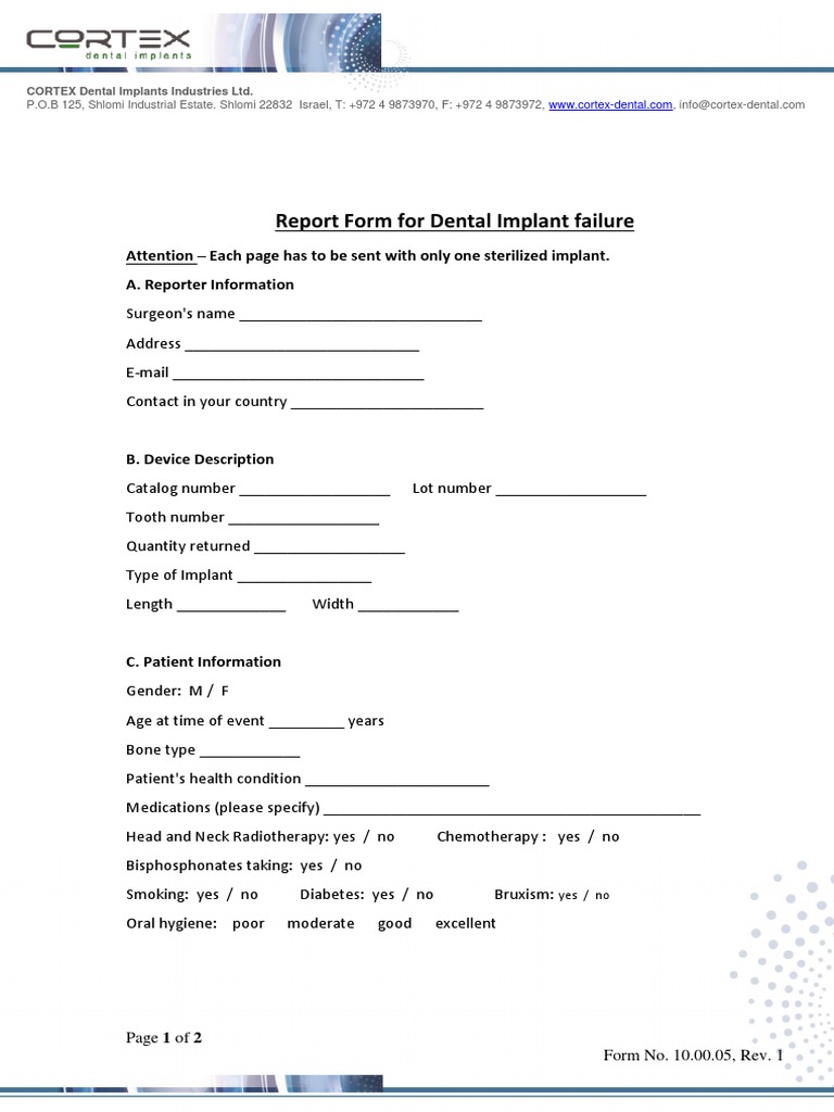 Dental Implant Failure Report Form | PDF | Dental Implant | Surgery