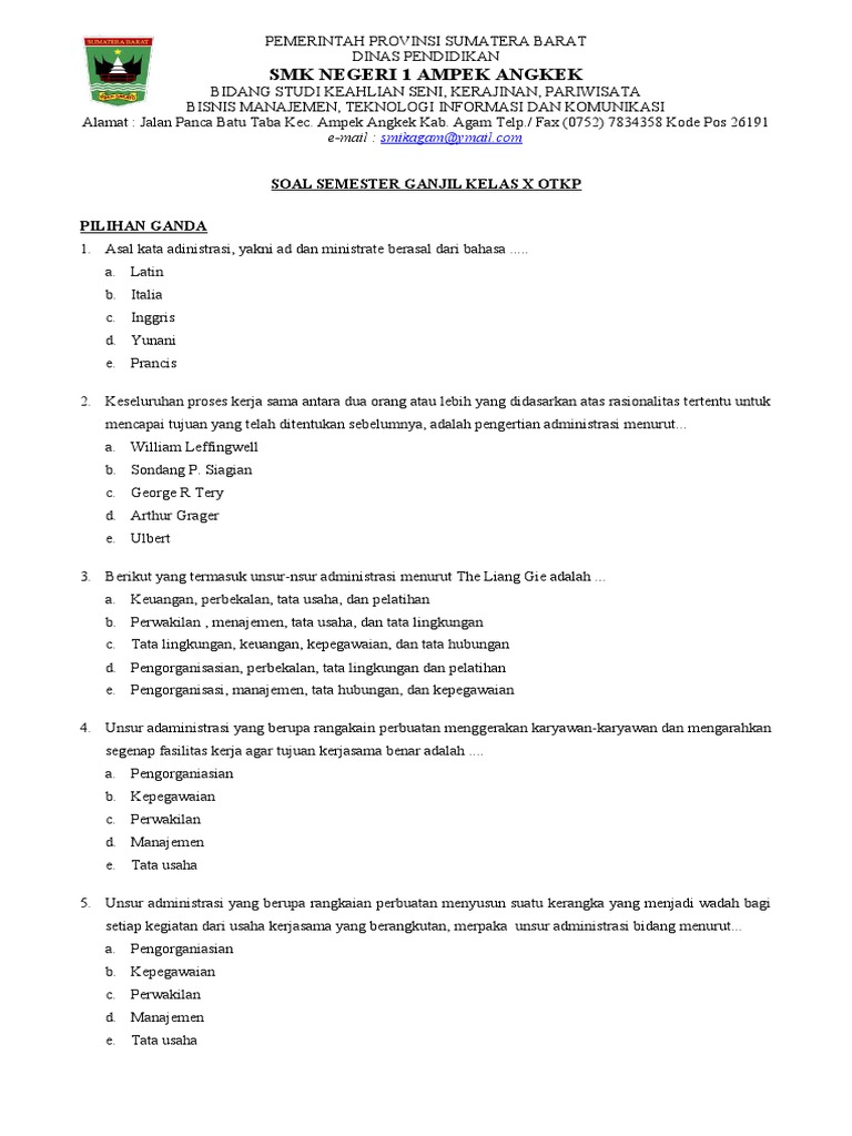 Kisi-Kisi Soal Adm Umum Kelas X | PDF