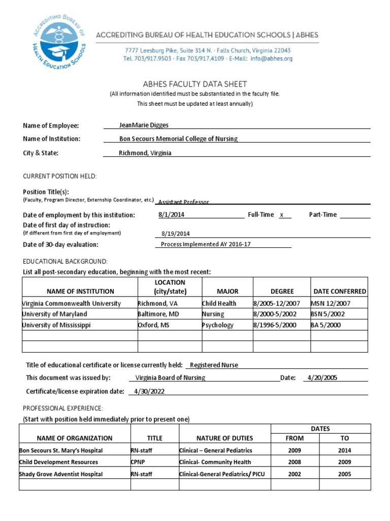Abhes Faculty Data Sheet Digges 8 | PDF | Nursing | Health Sciences
