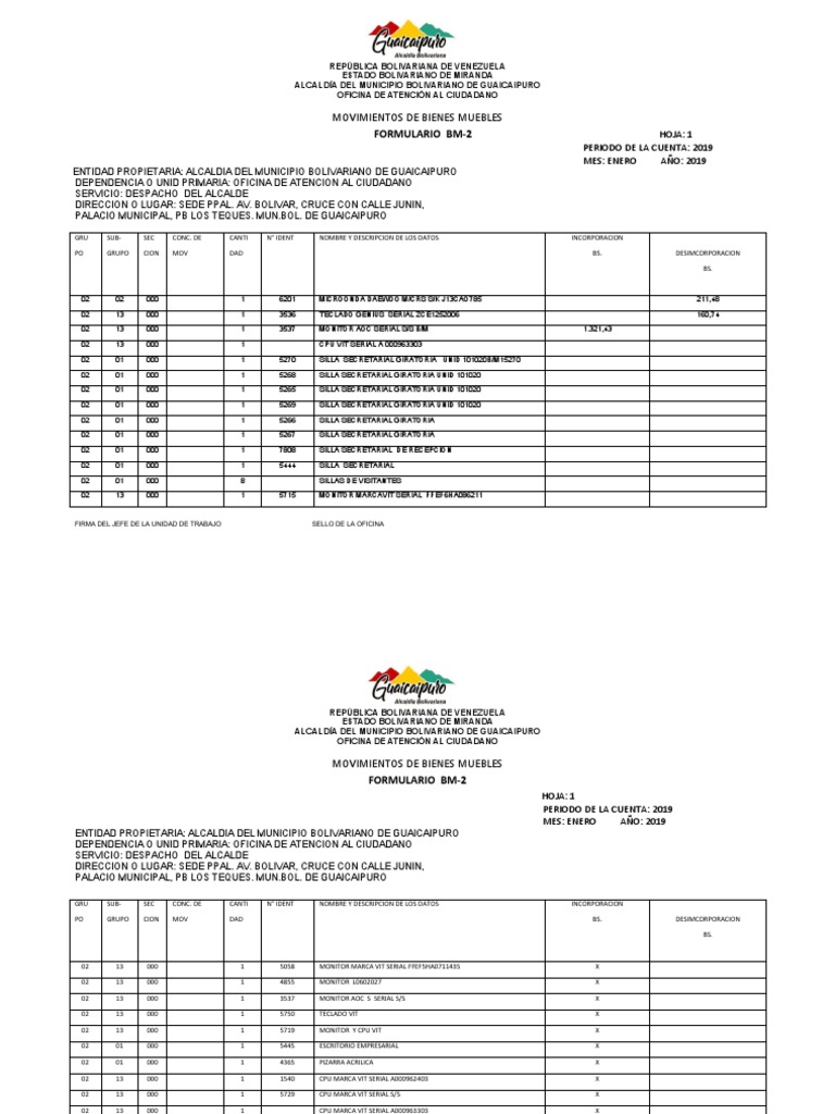 Formulario BM-2 Movimientos de Bienes Muebles | PDF