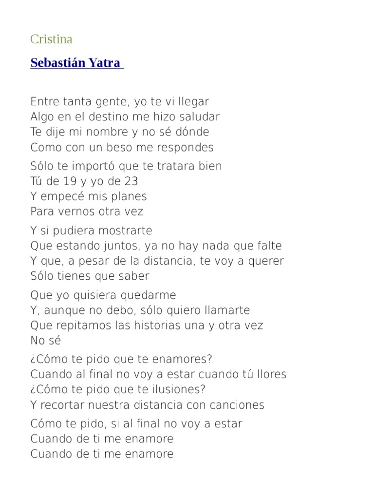 Letra de "Cristina" de Sebastián Yatra | PDF