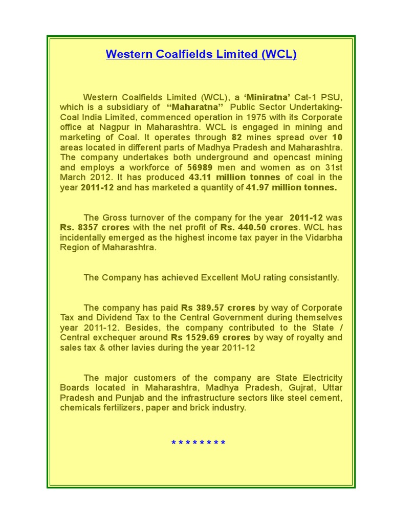 Western Coalfields Limited (WCL) : Rs. 8357 Crores With The Net Profit ...