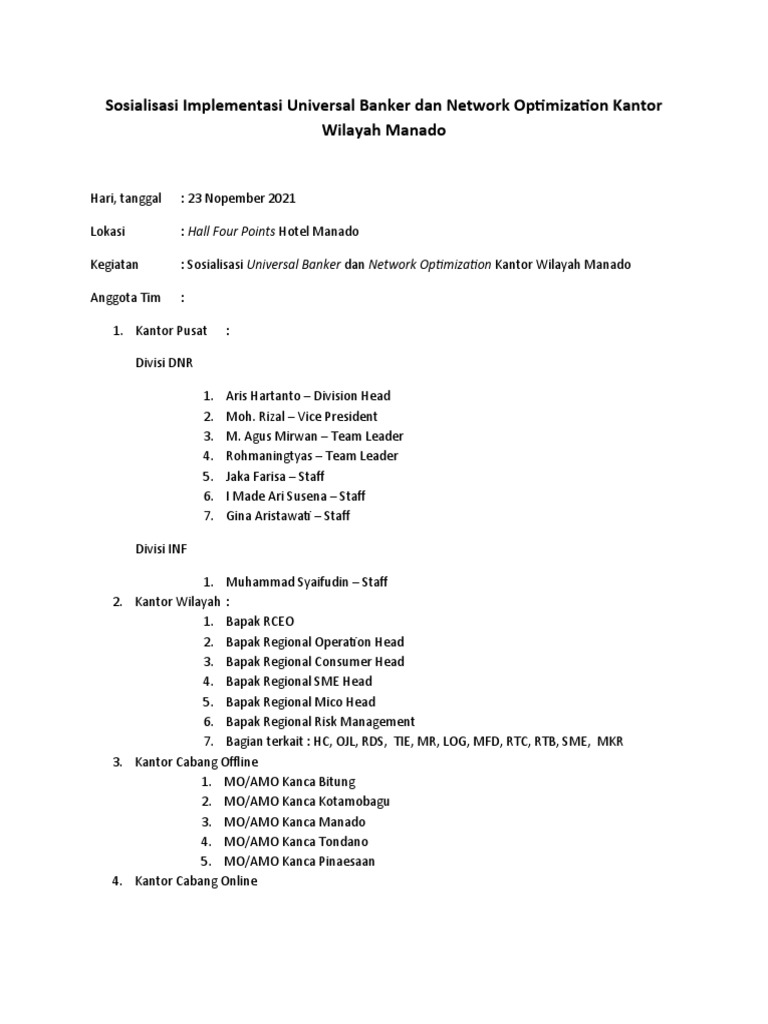 Sosialisasi Implementasi Universal Banker Dan Network Optimization Kantor Wilayah Manado 2 | PDF