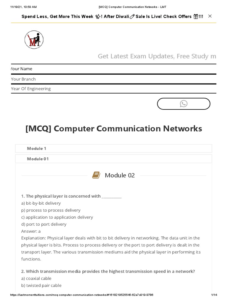 (MCQ) Computer Communication Networks - LMT2 | PDF | Multiplexing ...