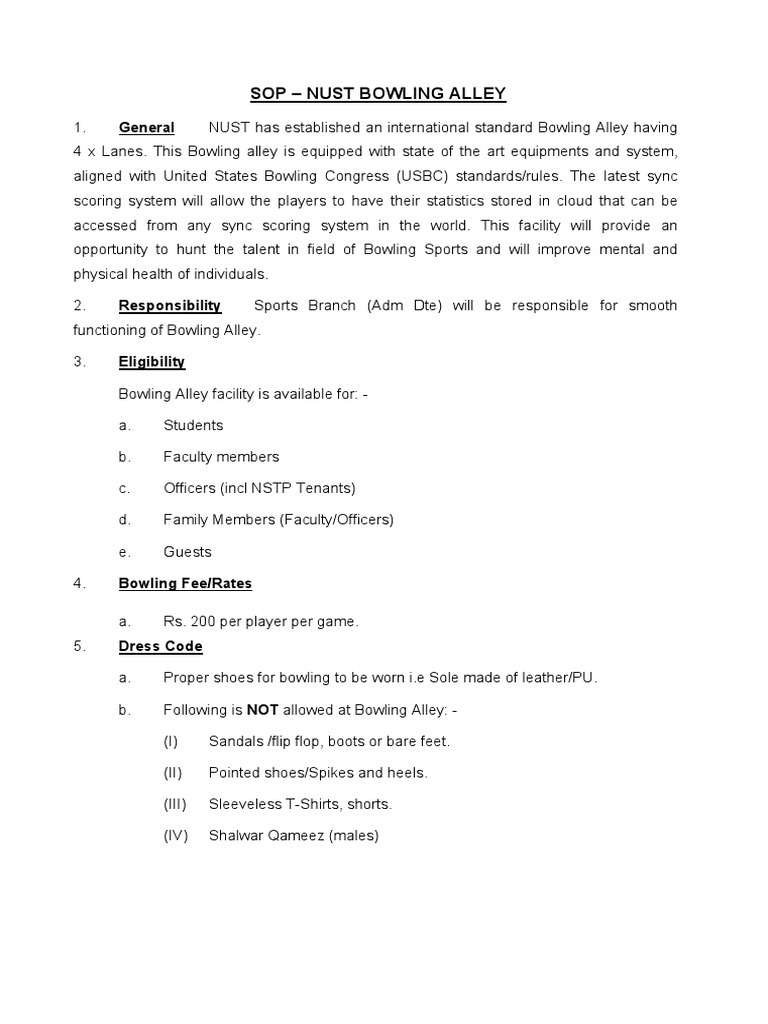 SOP - Bowling - Alley of NUST | PDF | Shoe
