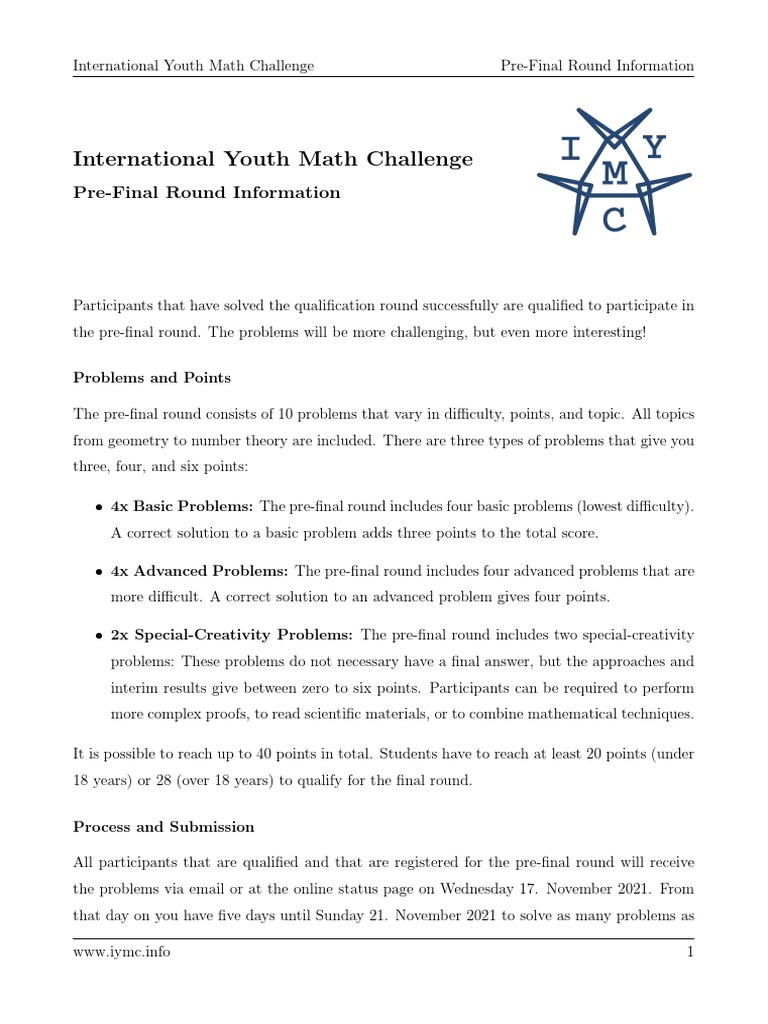 International Youth Math Challenge: Pre-Final Round Information | PDF ...